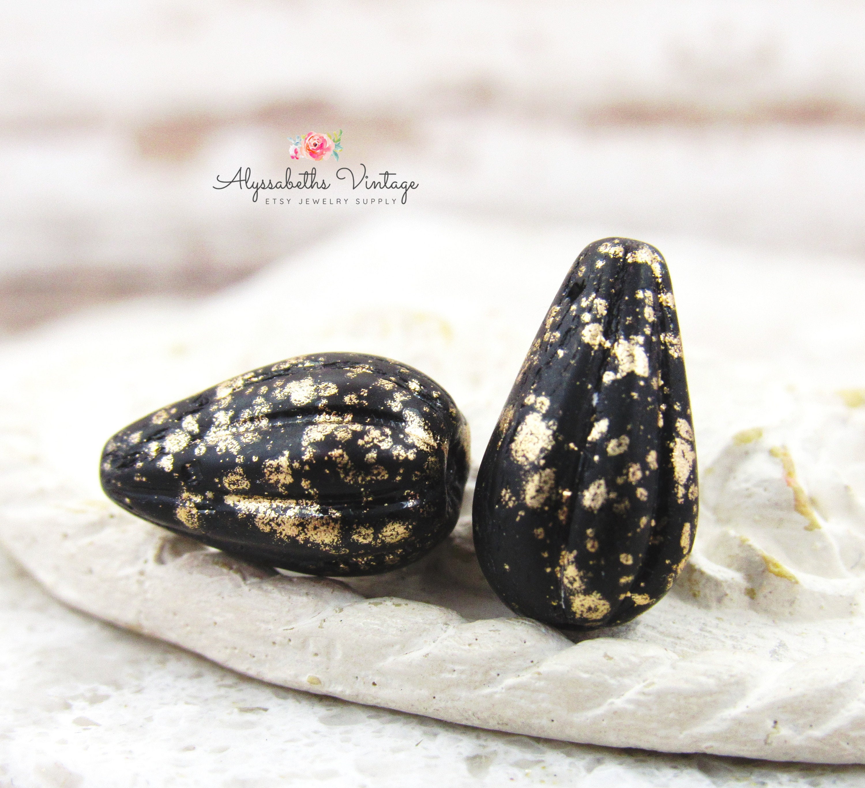 Opaque Matte Black with Gold Spatter Teardrop Melon Beads | Etsy