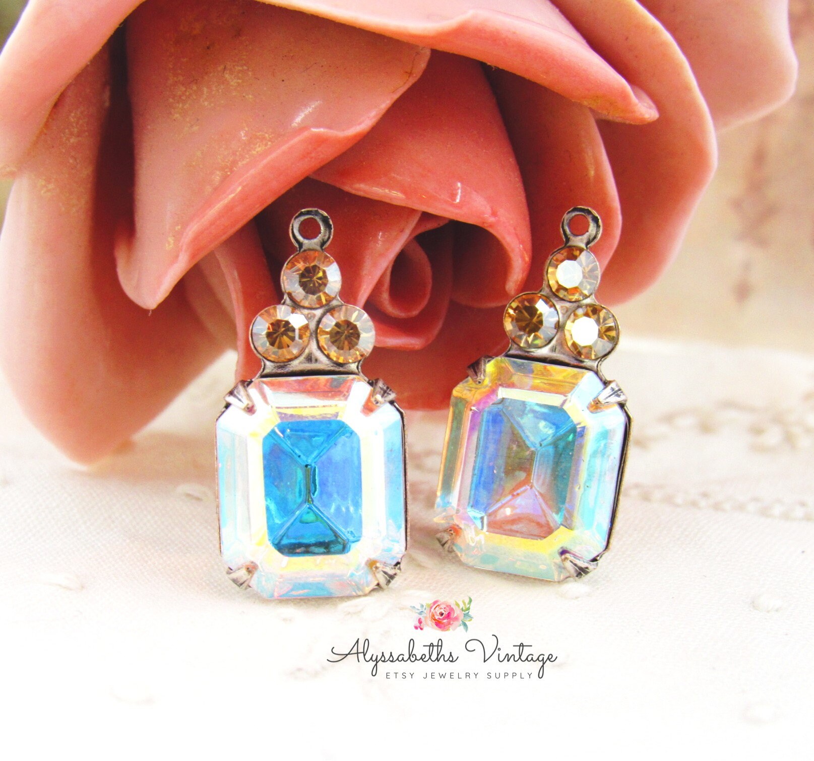 Vintage Austrian AB Crystal Octagon & Honey Gold Rhinestone | Etsy