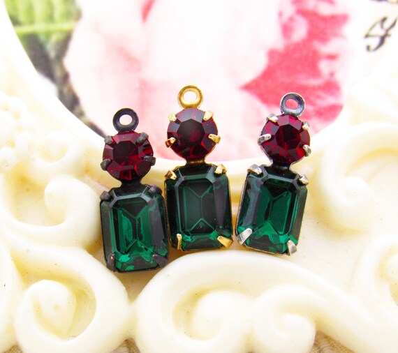 Vintage Emerald Green Octagon Stone & Siam Red Austrian | Etsy