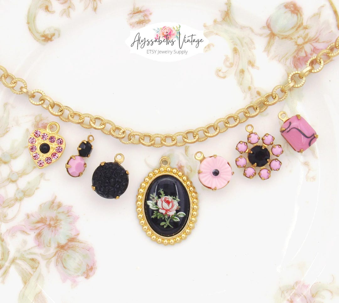 Retro Black & Pink Charms Set. Grab Bag of Vintage a Pink Rose on Black ...