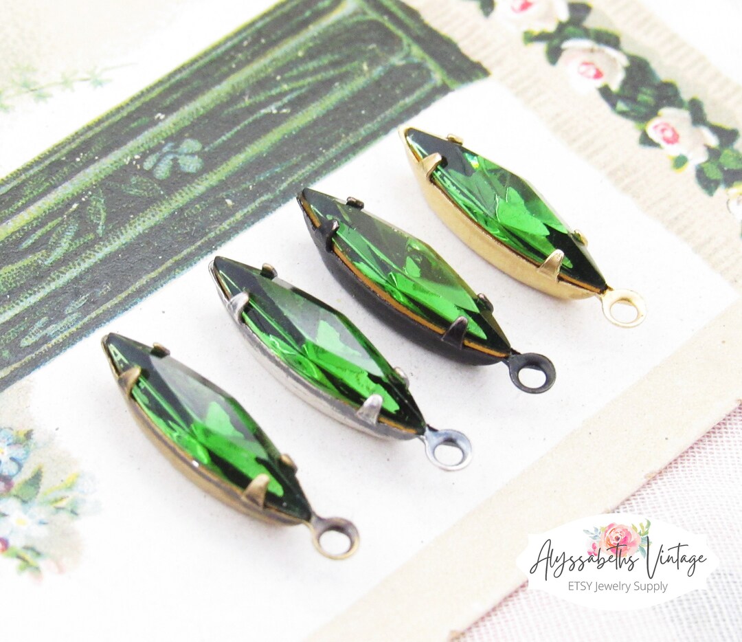 Vintage Austrian Green Tourmaline 15x4mm Navette Rhinestone Drops or ...