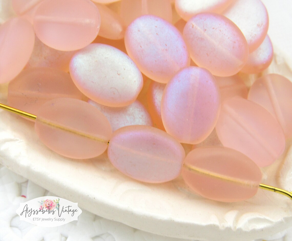 Matte AB Pale Rosaline Pink 12x9mm Flat Oval Frosted Czech Glass Beads ...