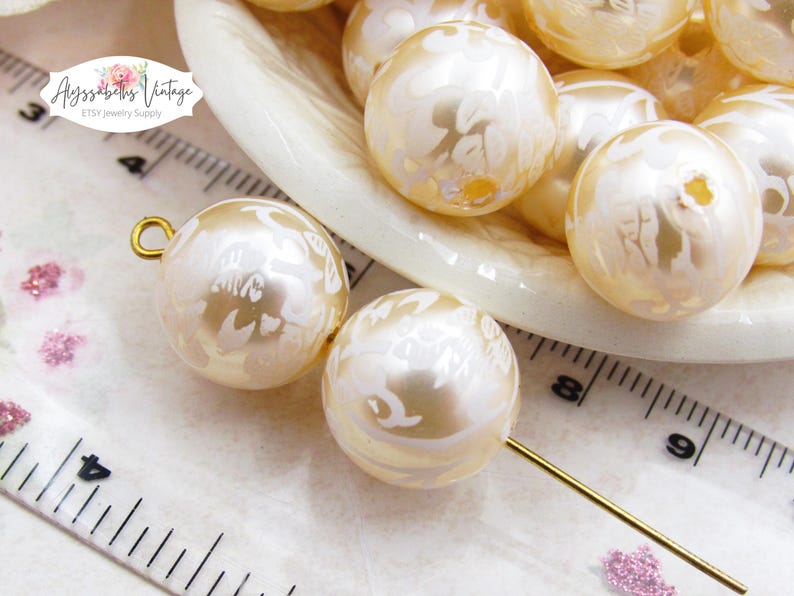 Champagne & Ivory Faux Pearl Floral Botanical Beads, 14mm Round Flower ...
