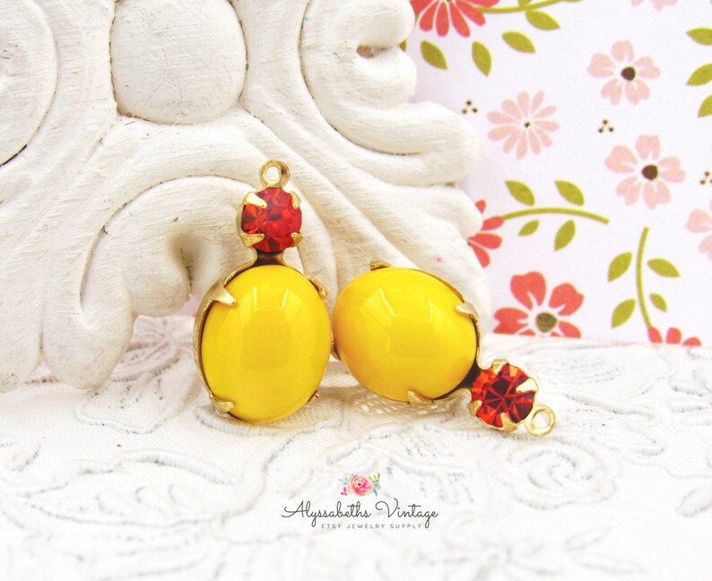 Vintage Opaque Yellow Oval Jewel & Hyacinth Rhinestone Charms, 19x10mm ...