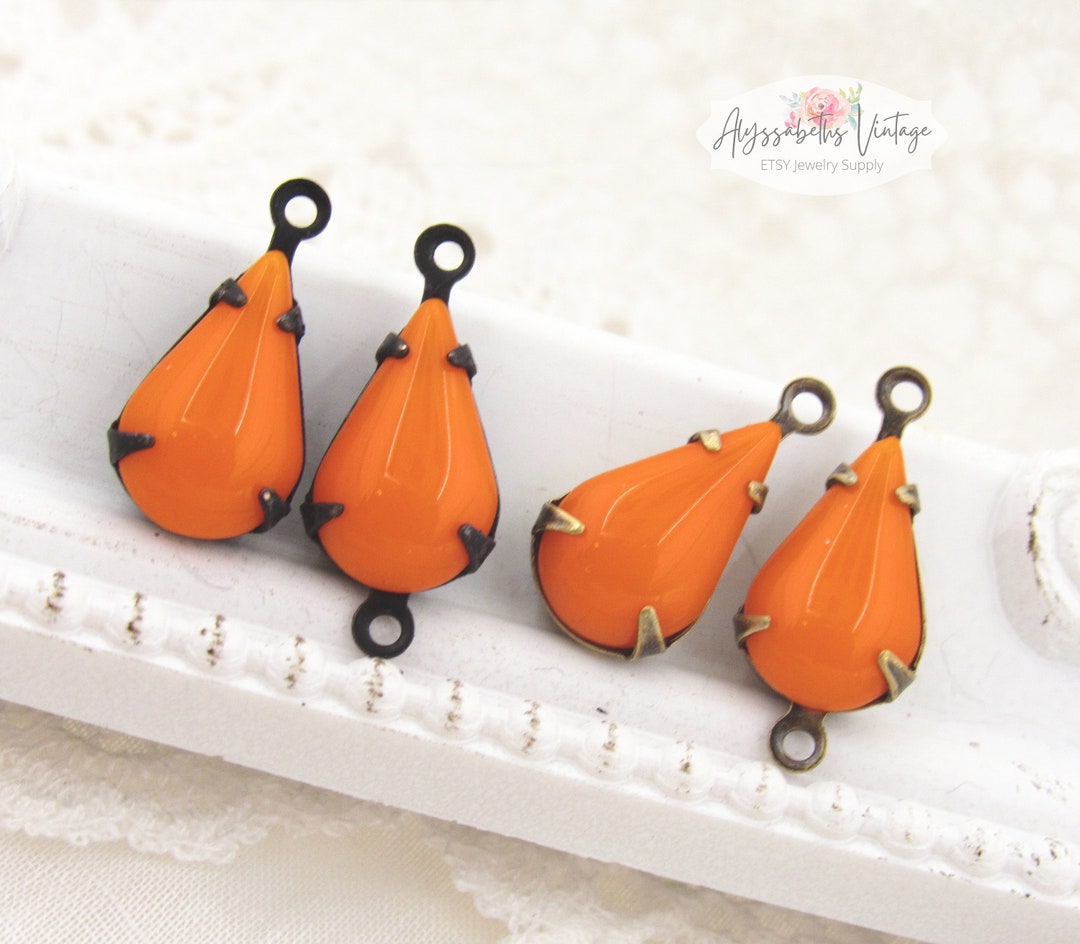 Vintage 13x7.8mm Opaque Orange Teardrop Rhinestone Drops or Connectors ...