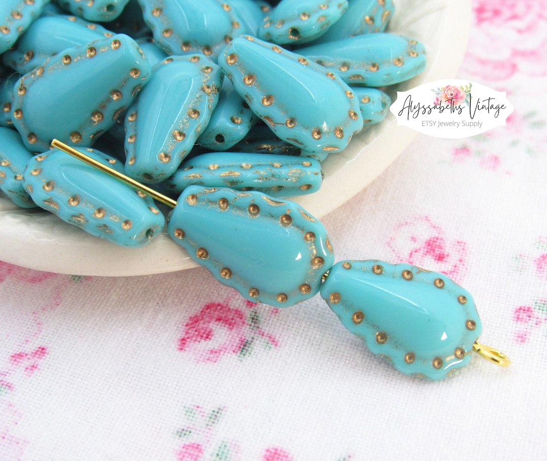 Vintage Style Opaque Turquoise Blue & Antiqued Gold Dot Glass Teardrop ...