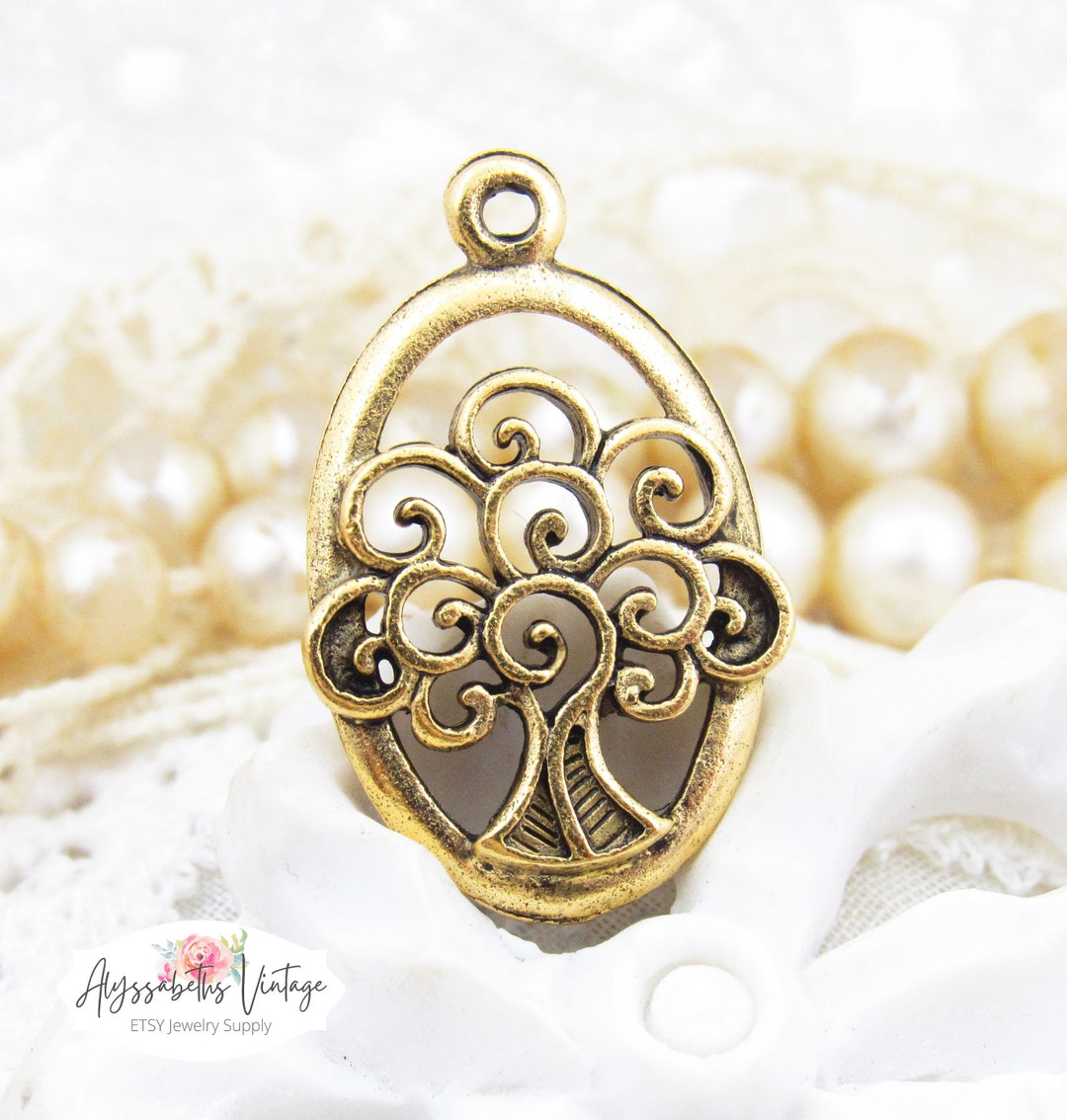 Stylized Antique Gold Plated Pewter Tree of Life Pendant 22mm X 16mm US ...