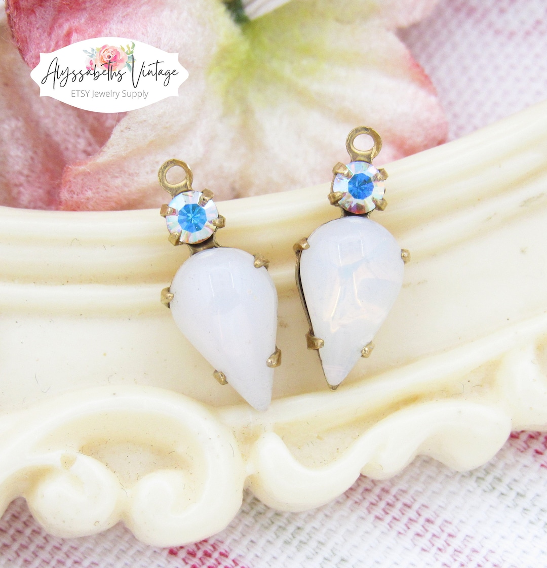 Petite Vintage White Opal Teardrop & AB Crystal Rhinestones Earring ...