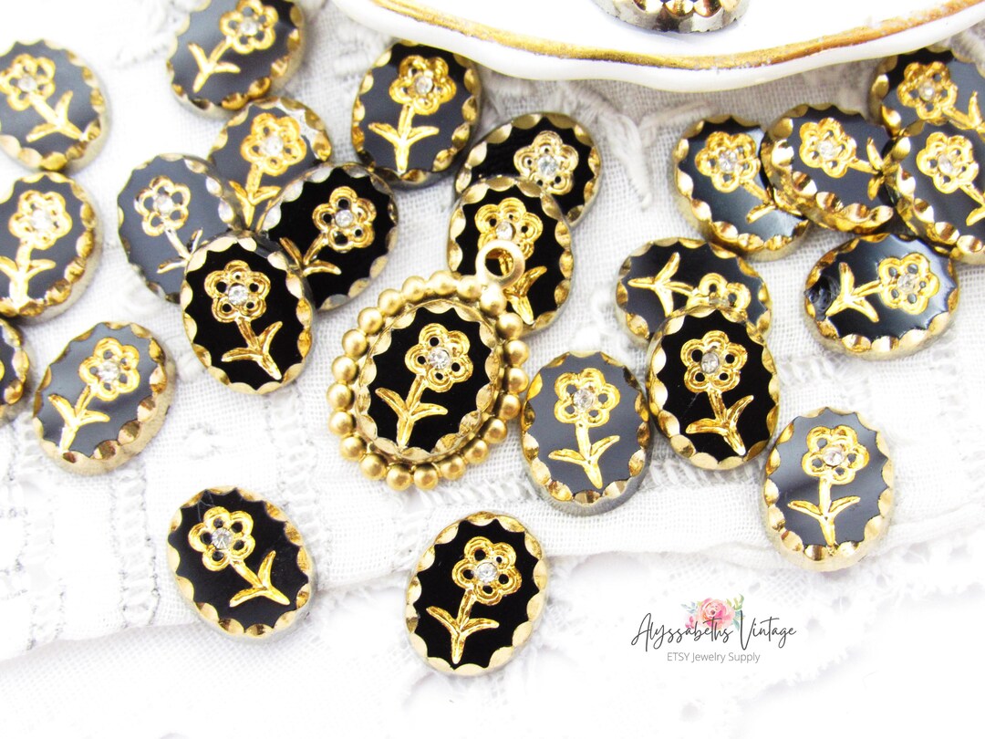 Vintage 10x8mm Oval Jet Black & Gold Floral Intaglio Cabochon Crystal ...