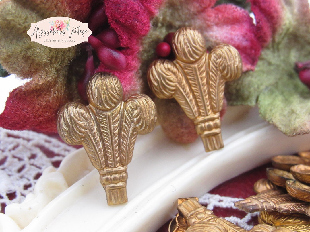 Vintage Patina Brass Feather Stamping, Heraldic Ostrich Feather Plumes ...