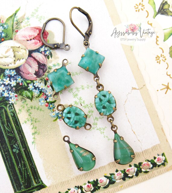 Earring Kit Vintage Faux Jade Green & Antique Brass Marbled - Etsy