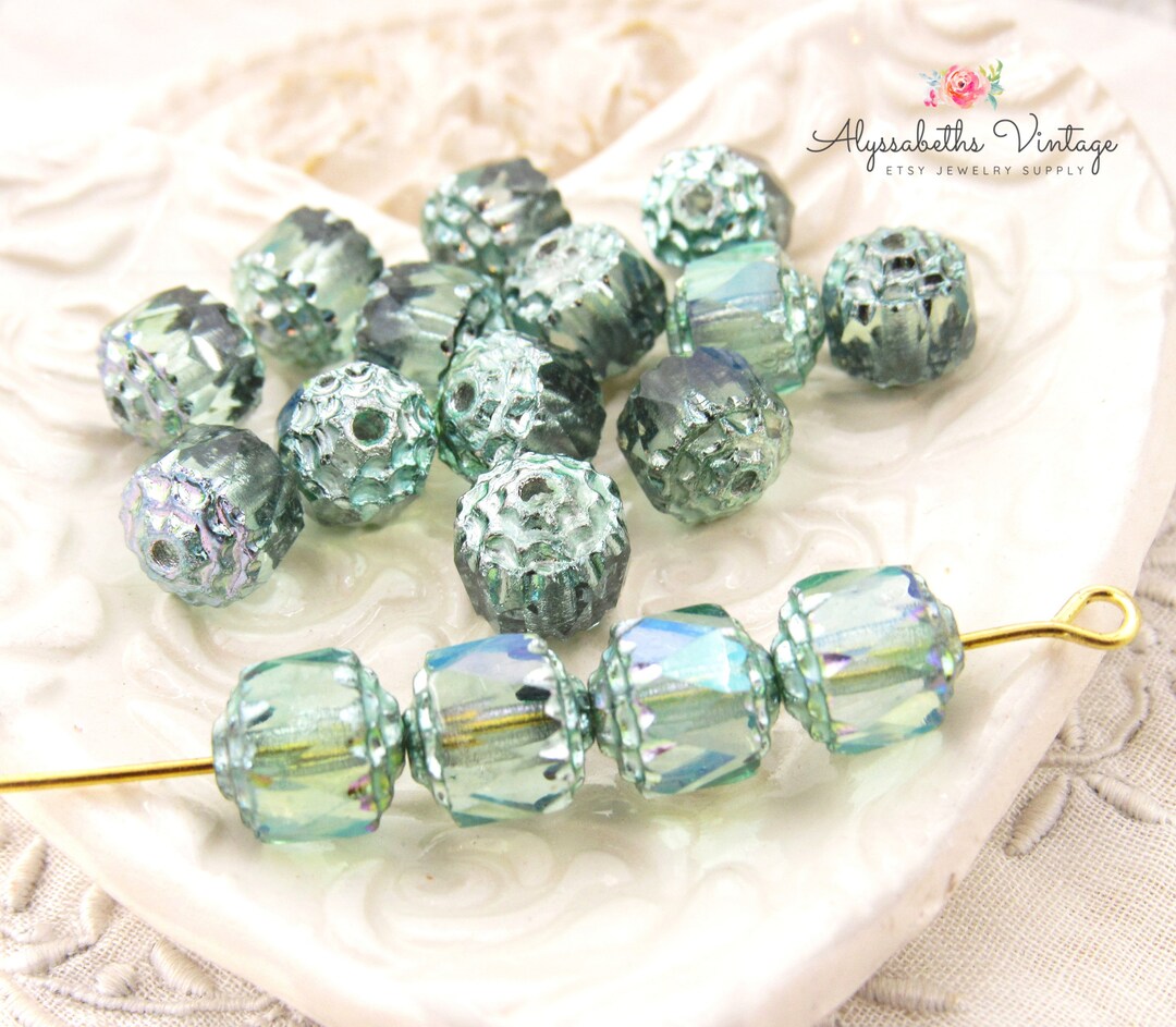 Iridescent AB Chrysolite Green 8mm Cathedral Czech Glass Beads ...