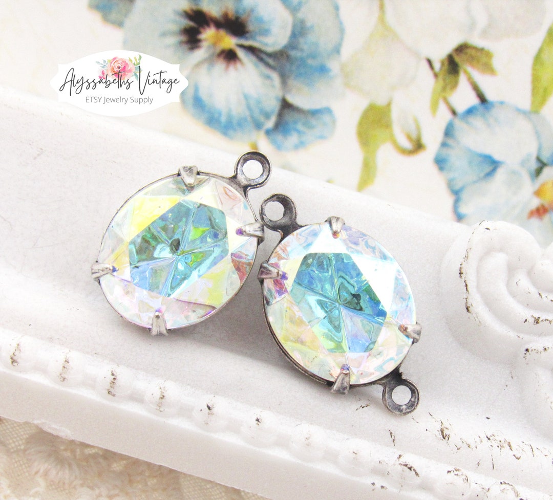 Vintage Austrian AB Crystal 12x10mm Oval Single Set Rhinestones in Drop ...