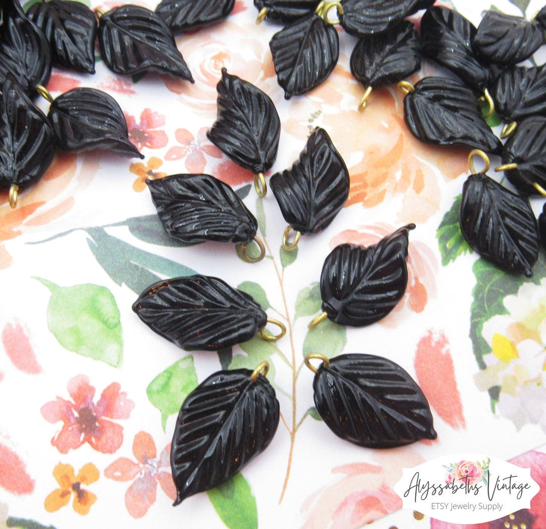 Long Opaque Jet Black Glass Twist Leaves Charms 24x14mm Handcrafted ...