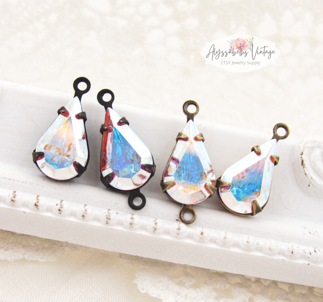 Vintage Austrian 13x7.8mm AB Crystal Teardrop Rhinestone Drops or ...