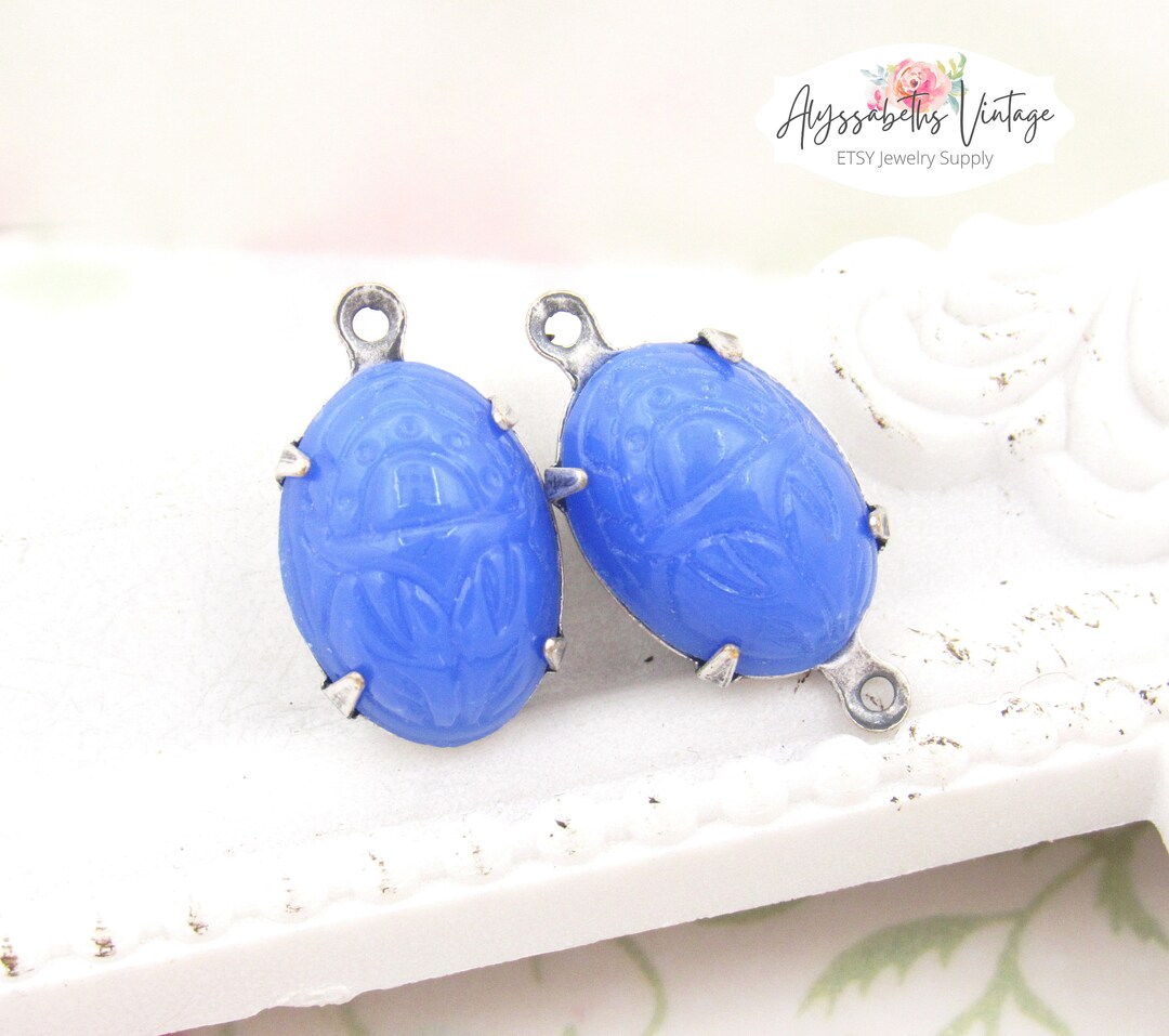 Vintage Calcedon Blue Oval Scarab Carved Glass Stones 14x10mm Victorian ...