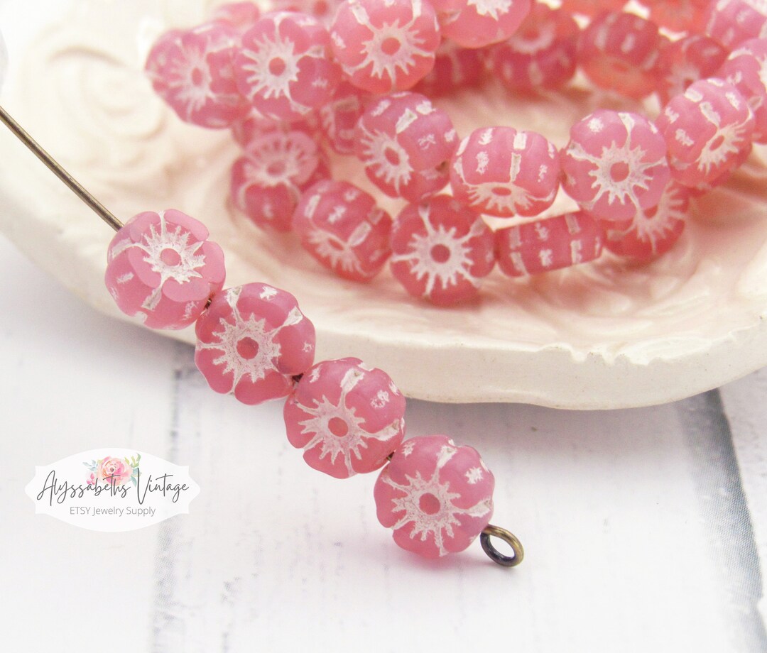 Small Pink Opal With White Wash Hibiscus Flower Beads 7mm Table Cut ...