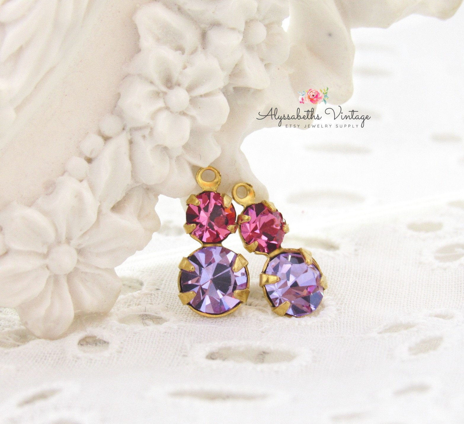 Small Purple & Pink Charms Small Double Violet, Rose Rhinestone Drops ...