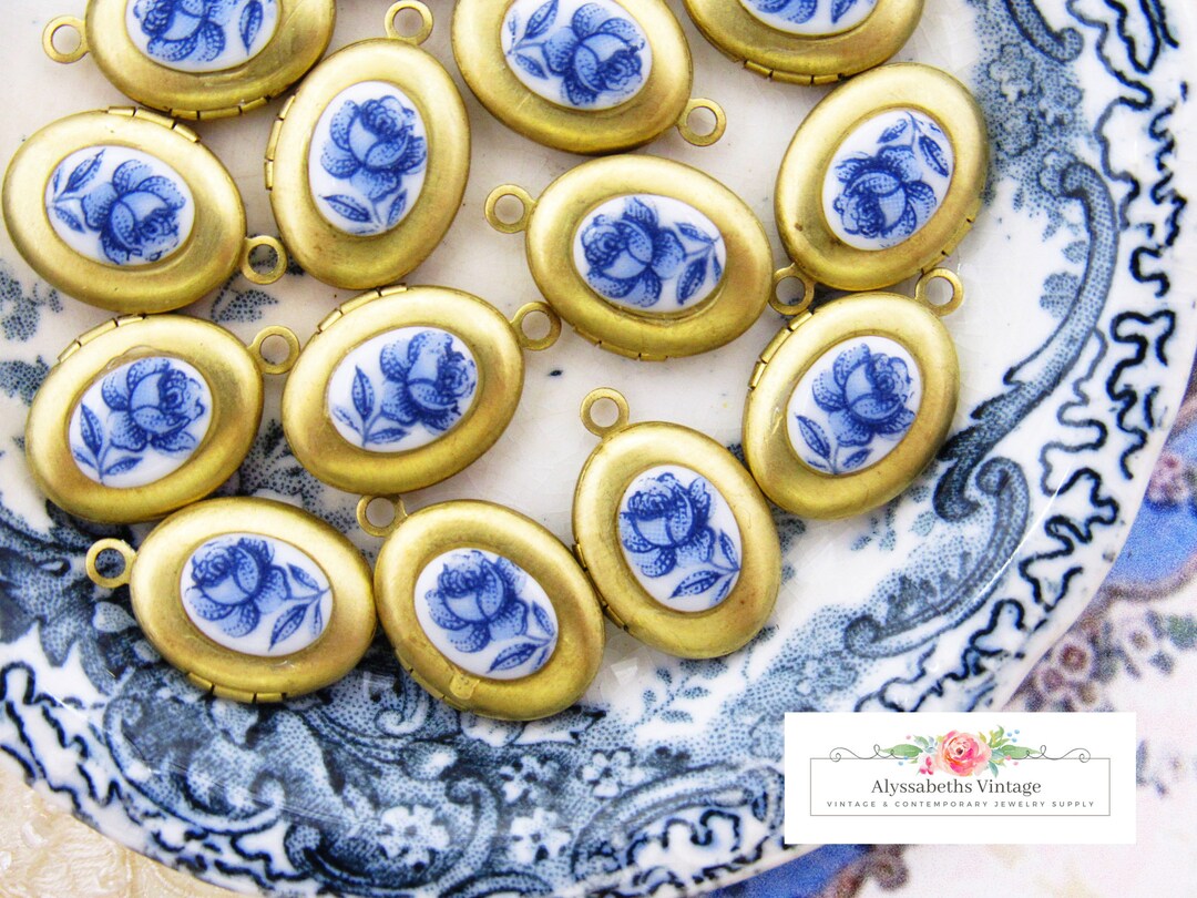 Vintage Delft Blue Rose Cameos Set on Oval Raw Brass Lockets 16x11mm ...
