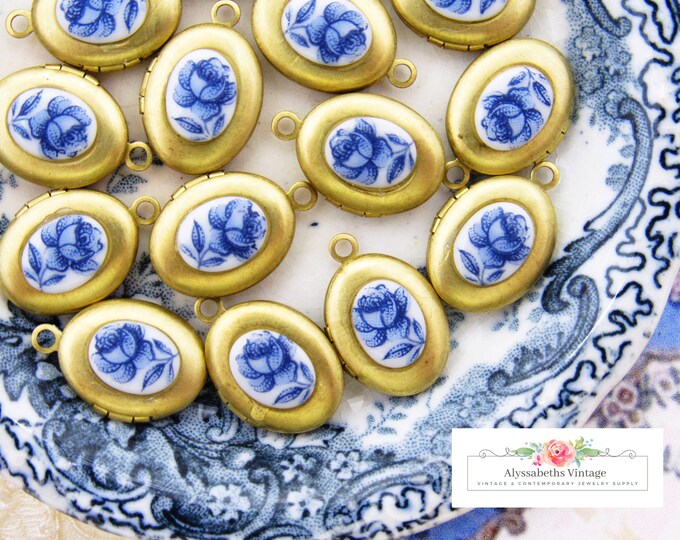 Vintage Delft Blue Rose Cameos Set on Oval Raw Brass Lockets 16x11mm ...
