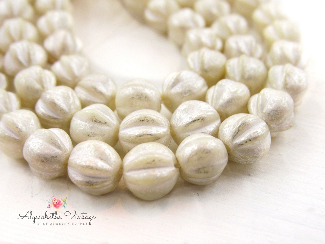 Opaque Ivory & Silver Mercury Wash 6mm Melon Round Beads Czech Antiqued ...