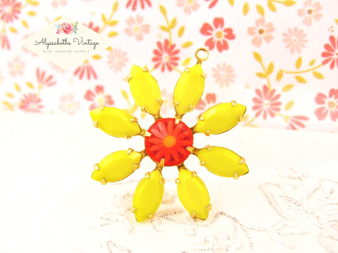 Yellow Rhinestone Daisy Flower Pendant Vintage Austrian With Orange ...