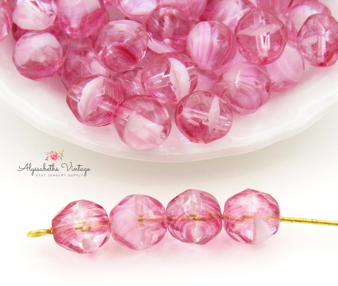 Semi Transparent Rose Pink Givre 8mm Faceted Round Fire Polished Glass ...