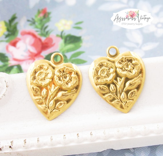 Raw Brass Art Nouveau Floral Embossed Heart Charms 18x15mm US - Etsy