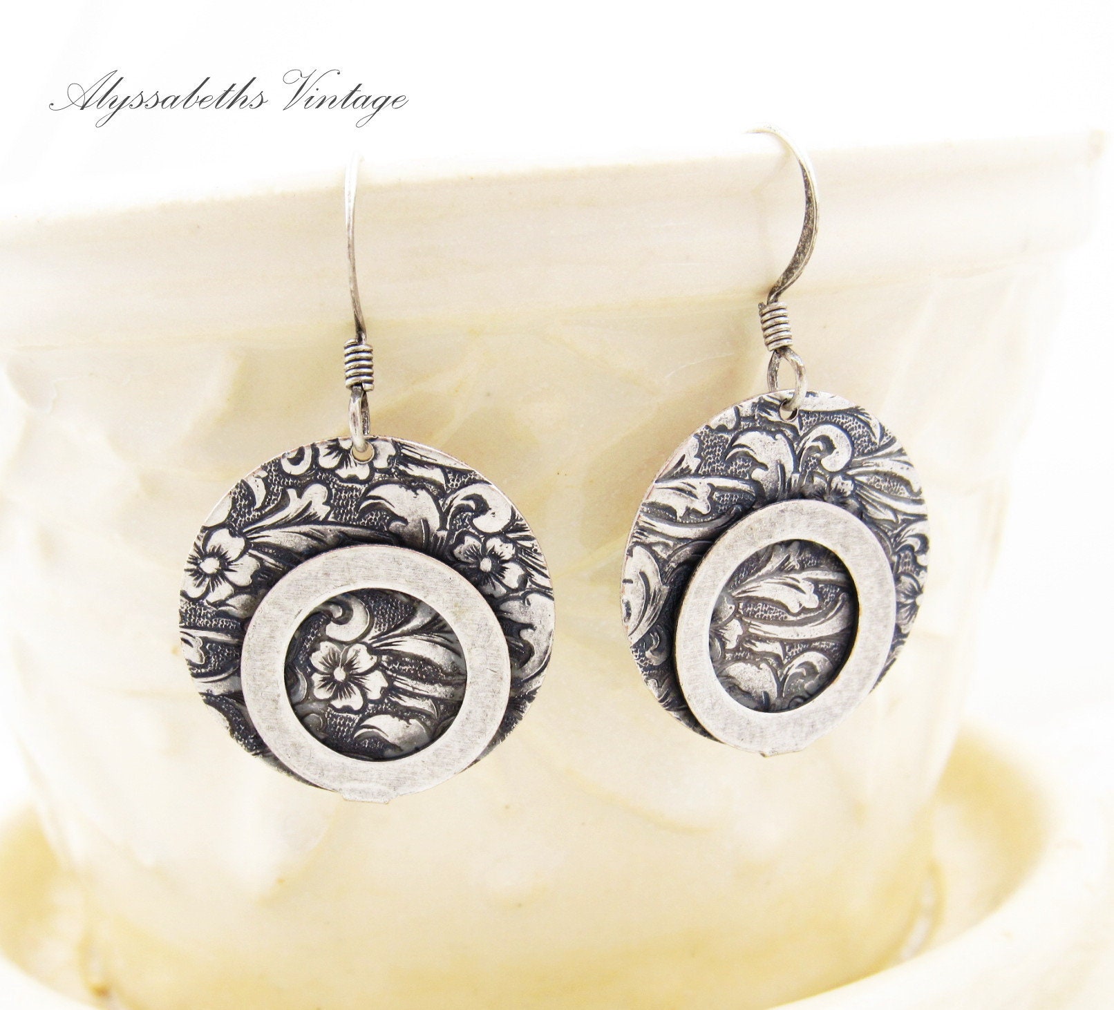 Antique Silver Floral Embossed Round Disc Earring Dangles | Etsy