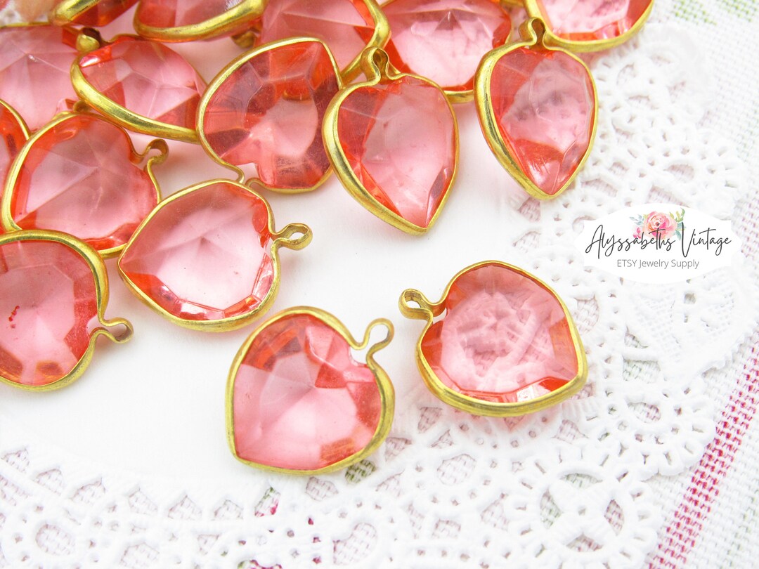 Vintage Transparent Pink Lucite Heart Charms 18x14mm Brass Channel Set ...