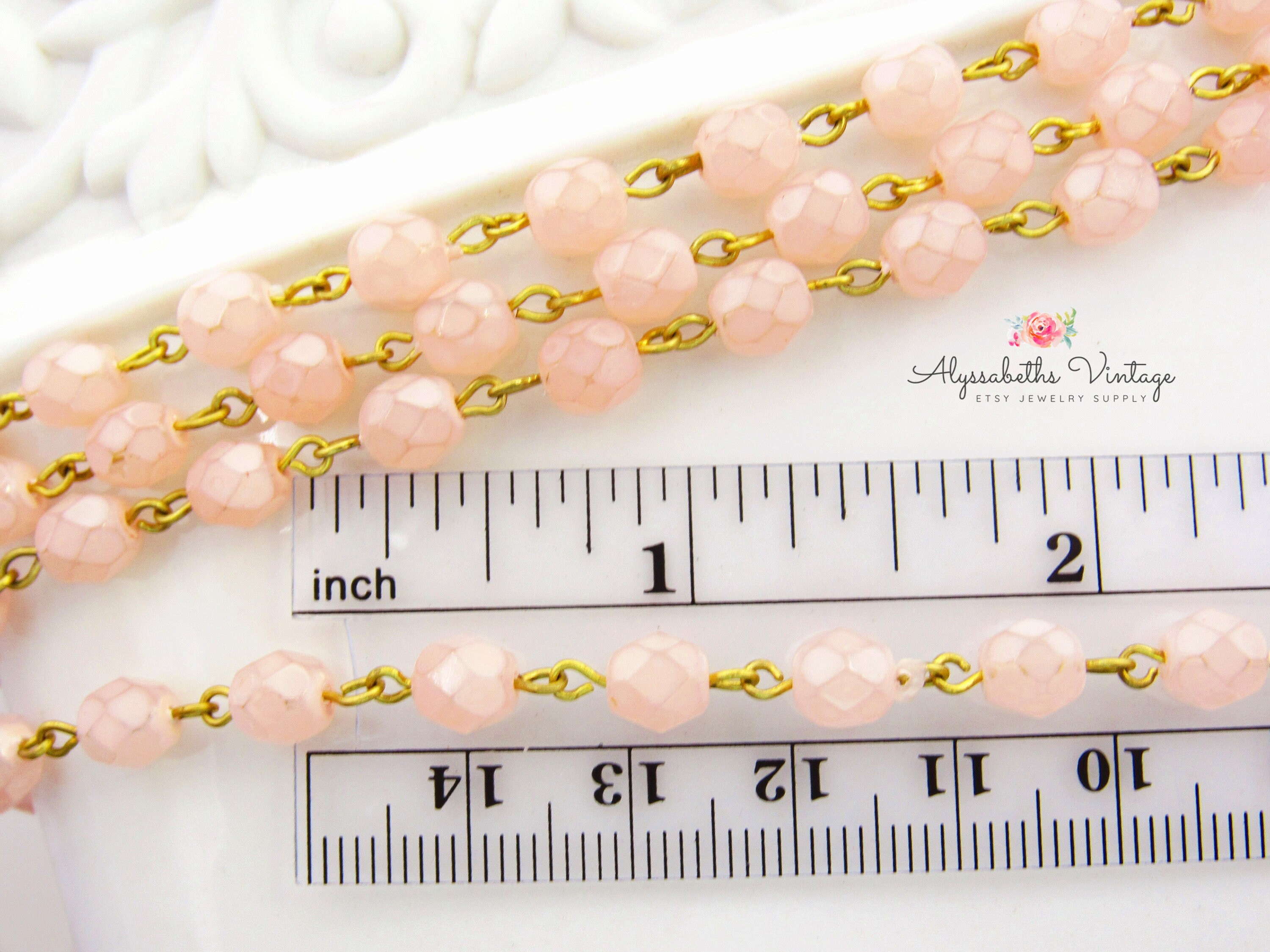Faceted Matte Pink Opal Rosary Beaded Chain Brass Links 6mm Beads – 1 ...