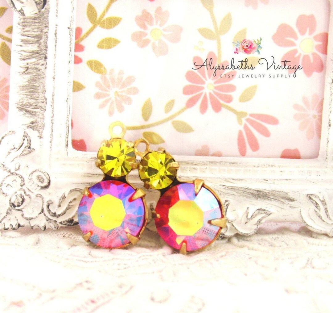 AB Hyacinth & Yellow Citrine Rhinestone Double Set Drop Charms or ...