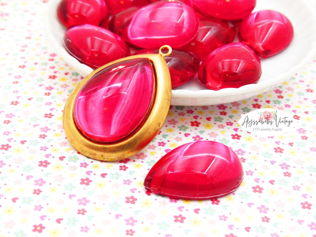Transparent 25x18mm Fuchsia Teardrop Plastic Jewels, Vintage Bright ...