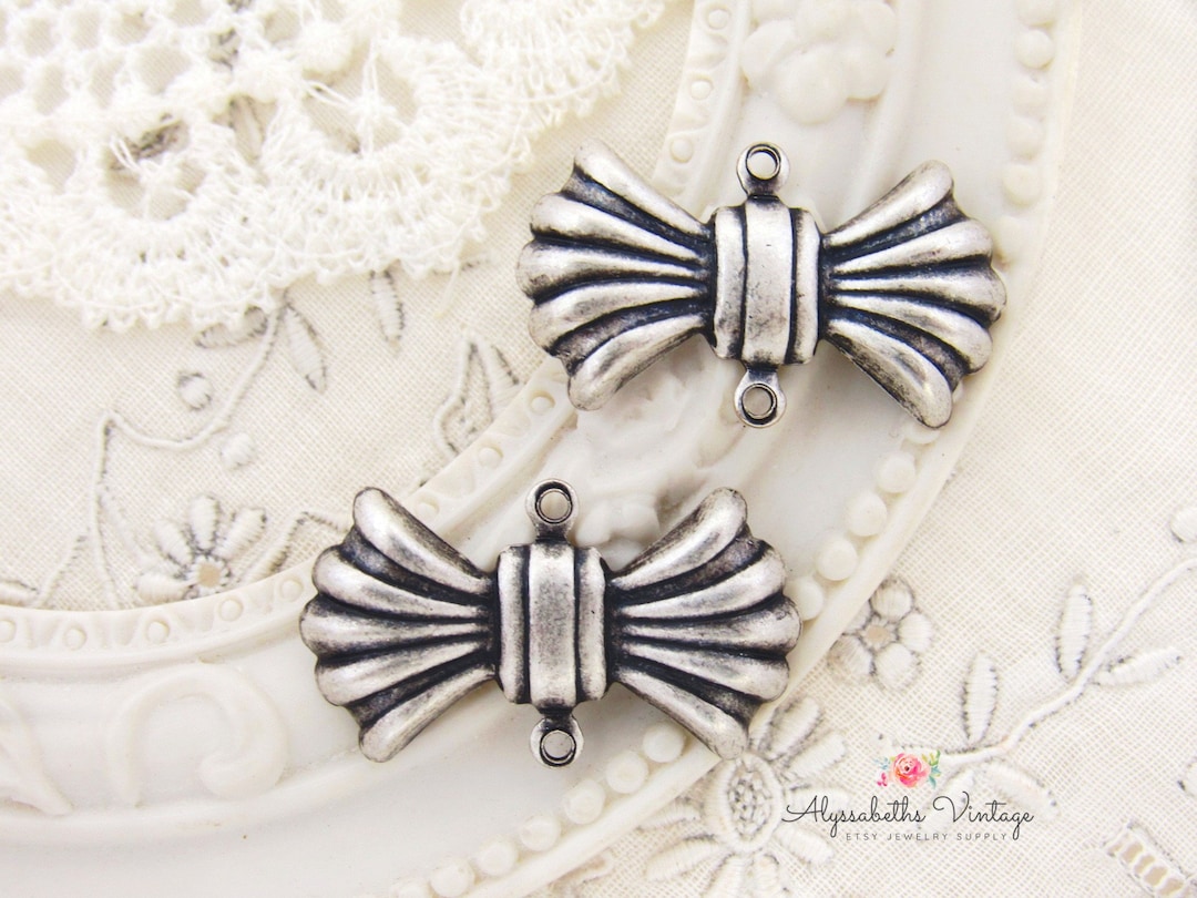 Antique Silver Ox Art Deco Bow Connector, Ribbon 2 Ring Link Earring ...