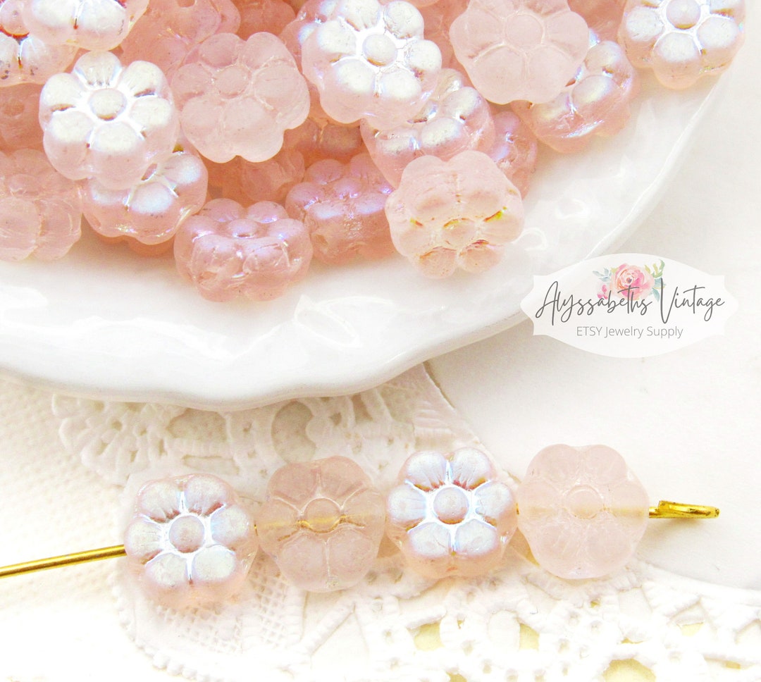 Small Matte AB Light Pink Rosaline Blossom Beads, 8mm Czech Pressed Frosted Glass Flower Pale ...