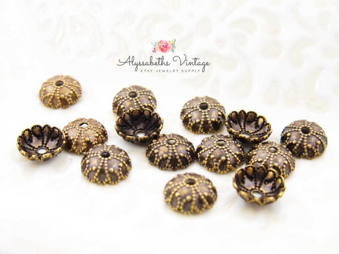 Antiqued Brass 7mm Bead Caps Detailed With Beaded Hearts - 20 - Etsy