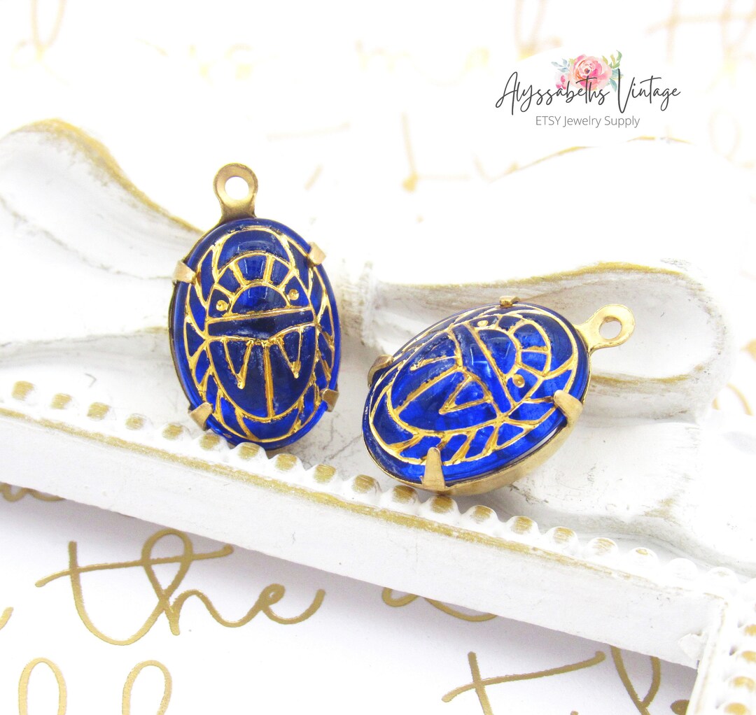 Vintage Sapphire Blue and Gold Oval Scarab Glass Stones 14x10mm ...