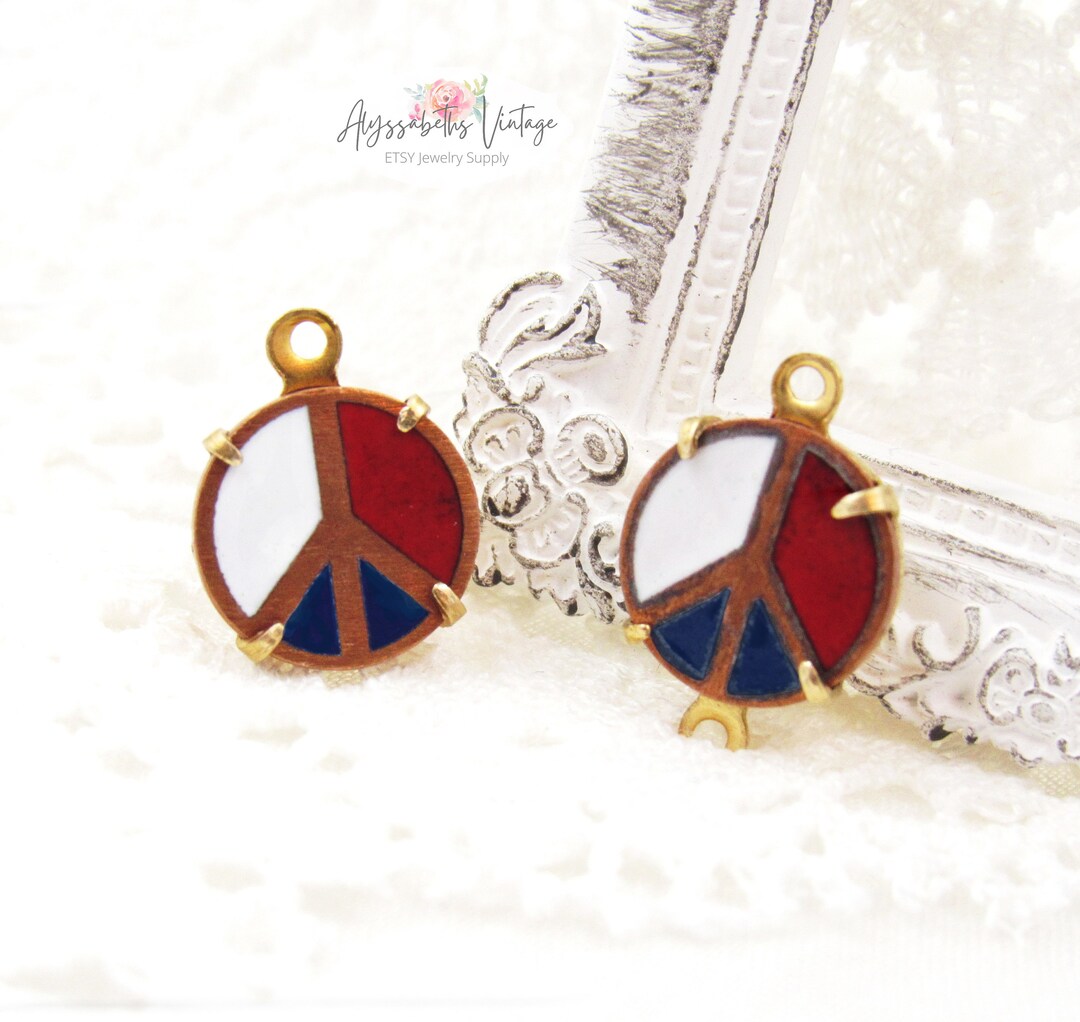 Vintage Red, White and Blue Enamel & Brass Peace Sign Charms 10mm Round ...