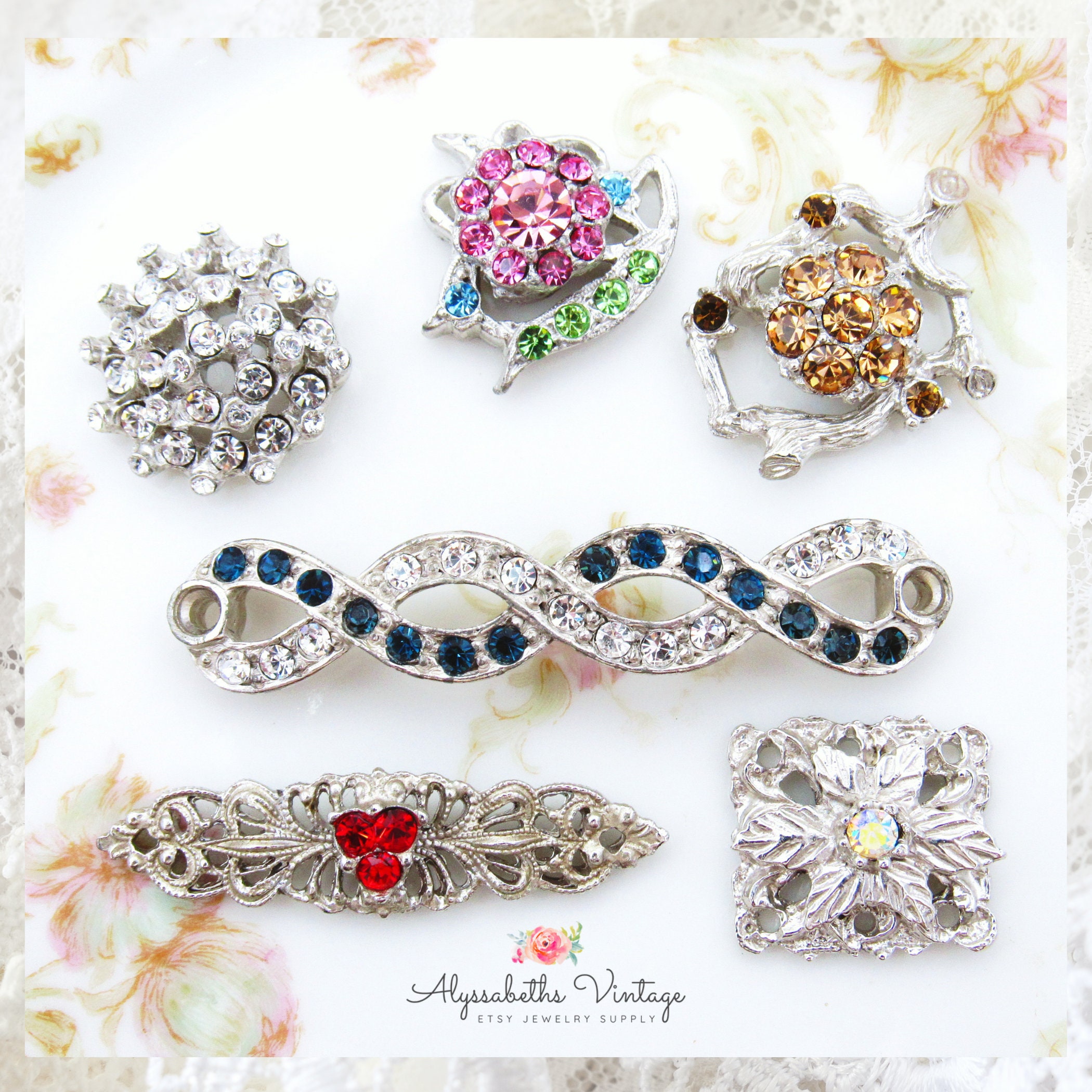 Vintage Cast Pewter Settings With Crystal Rhinestones Floral | Etsy