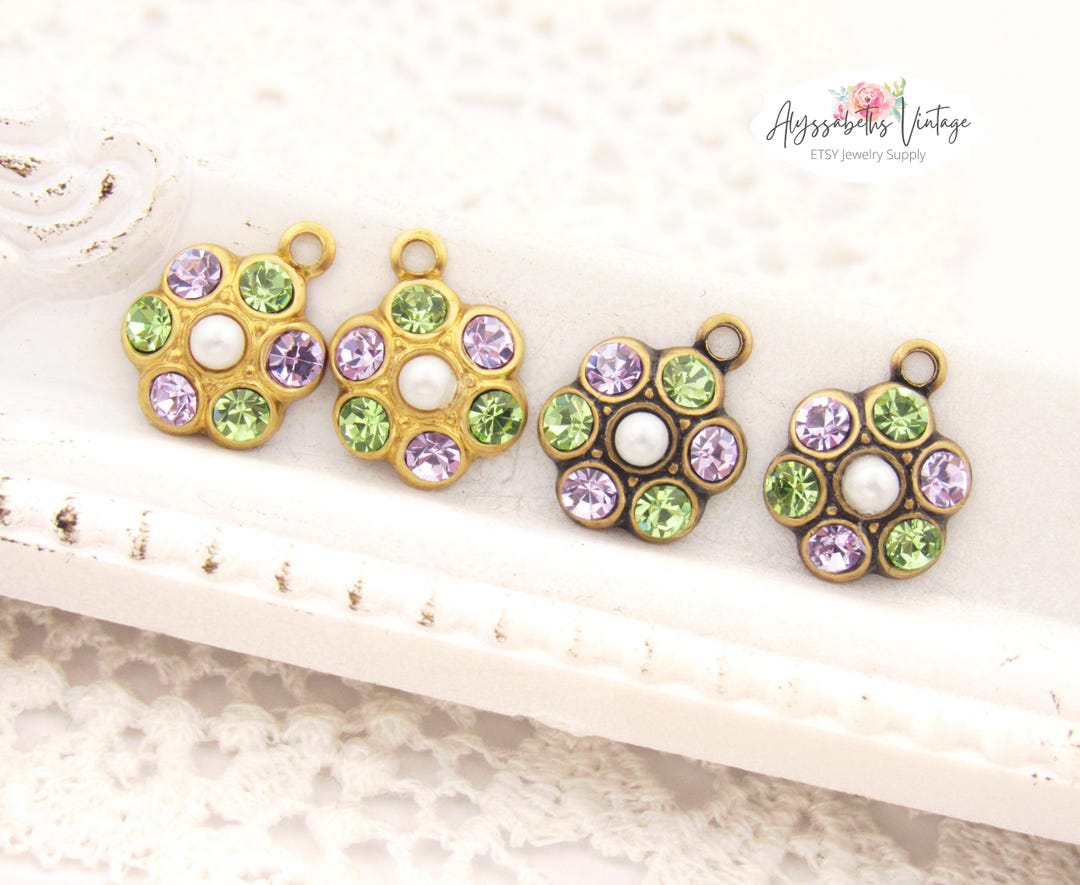 Violet, Ivory Pearl and Peridot Round Cluster Rhinestone Flower Charms ...