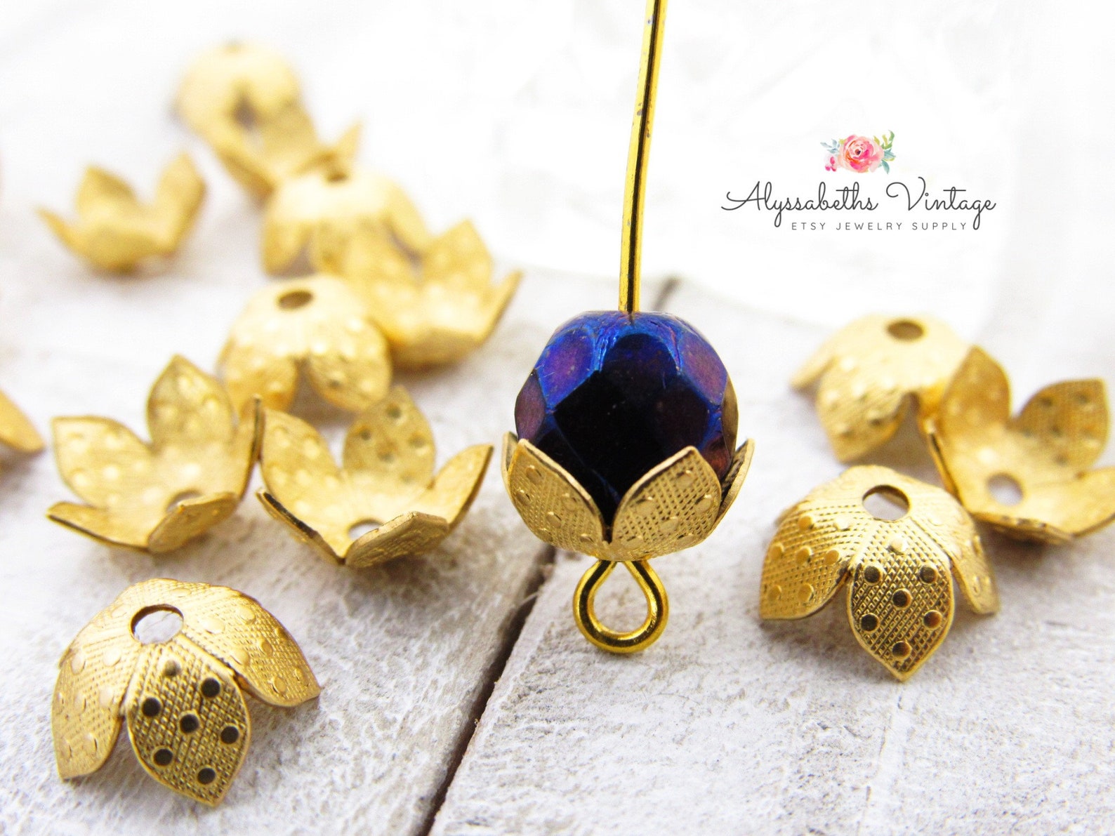 Raw Brass Flower Petal Bead Caps, 8mm Polka Dot Embossed Un- Plated ...