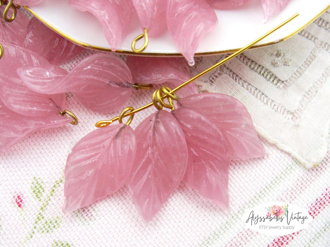 Long Rose Opal Glass Twist Leaves Charms 24x14mm Handcrafted Pink Glass ...