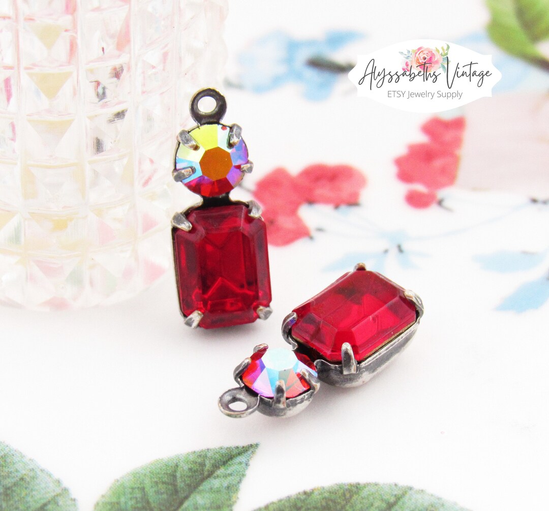 Vintage Austrian Siam Red Octagon Stone & AB Hyacinth Rhinestone ...