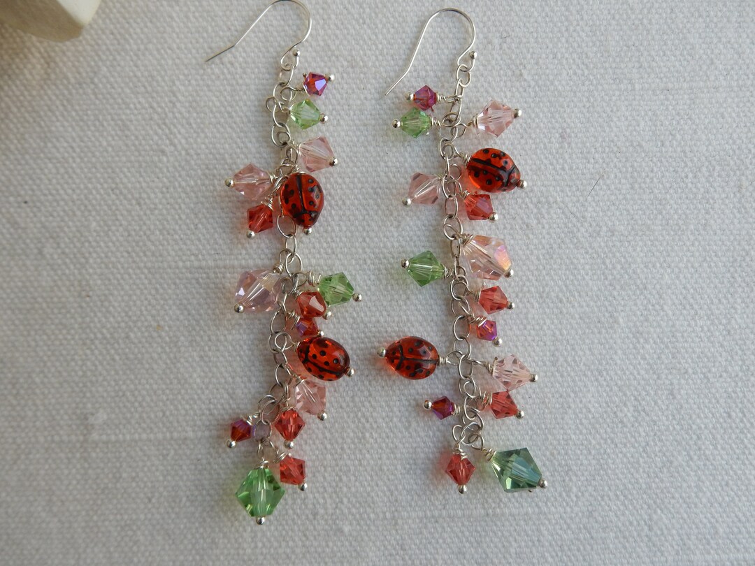 Colorful Drop Earring With Pink Rust Green Crystals and Rust Ladybugs ...