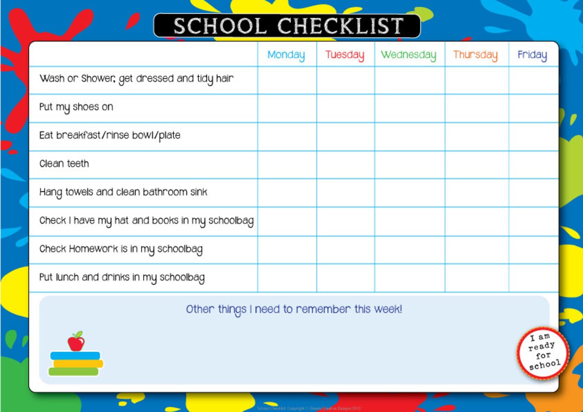 Printable School Checklist for Boys - Paint Splats - Etsy