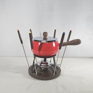 Vintage Red Porcelain Enamel Fondue Pot Set - Etsy