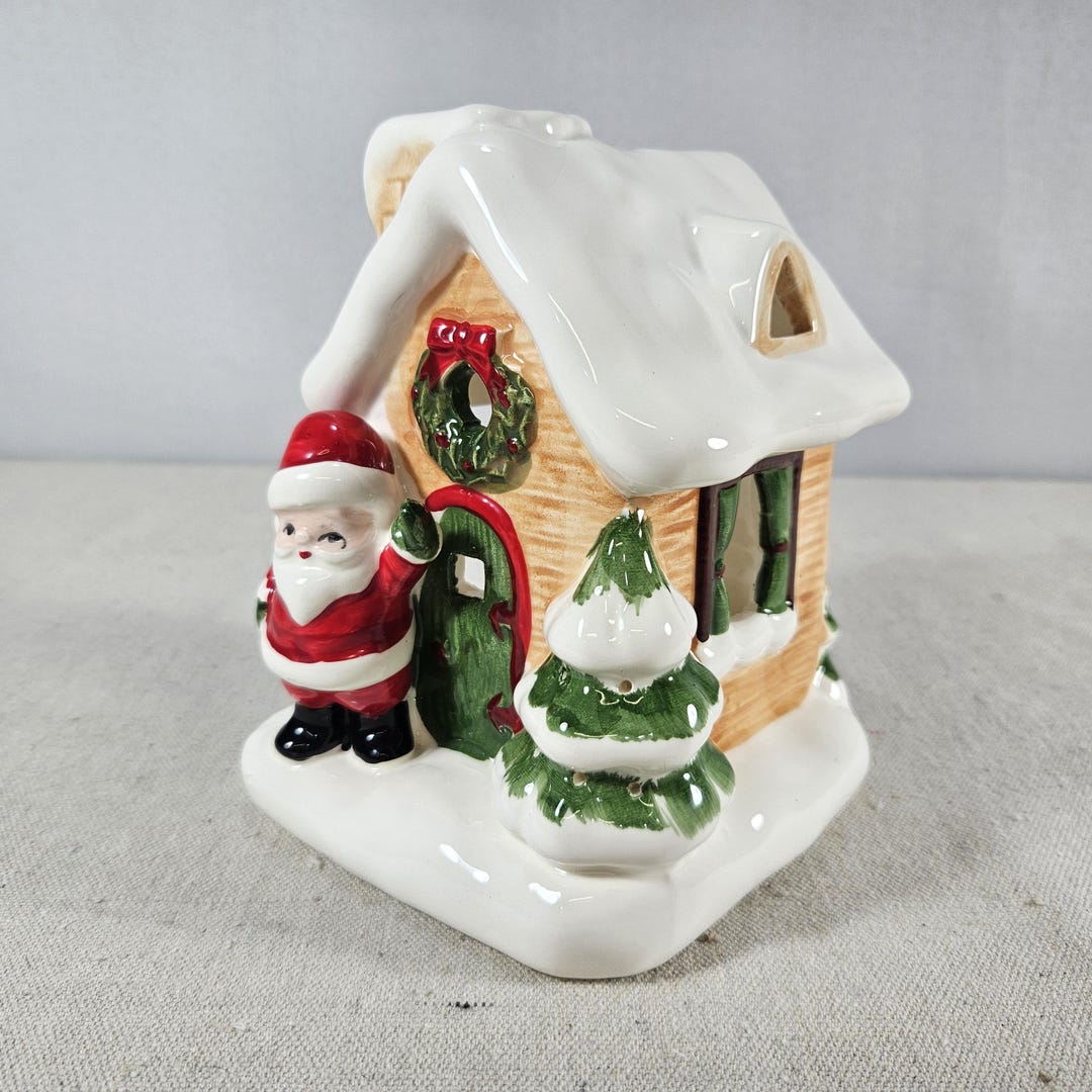 Vintage Lefton Ceramic Christmas House With Santa Tea Light Candle ...