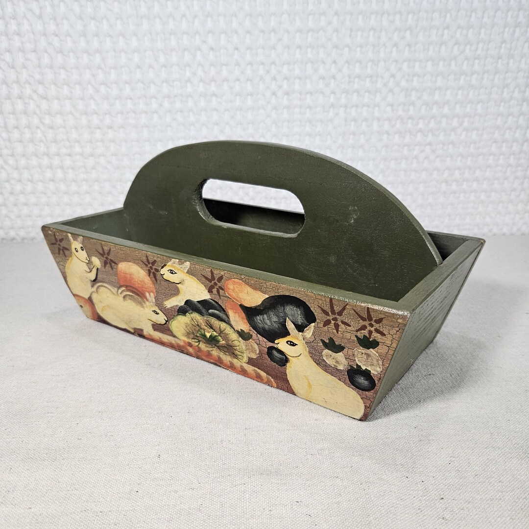 Vintage Folk Art Painted Wooden Caddy Rabbits in Garden Country ...