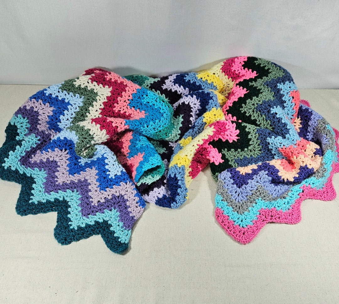 Crocheted Ripple Rainbow Afghan, Lap Size Chevron Pattern Multi Color ...