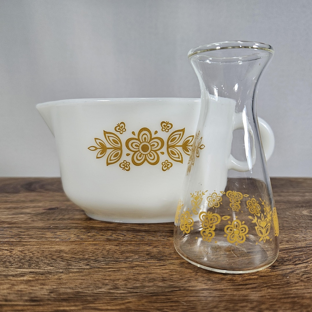 Vintage Pyrex Corning Butterfly White and Gold Gravy Boat Oil and ...